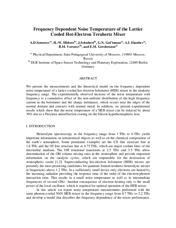 (PDF) Frequency Dependent Noise Temperature of the Lattice Cooled Hot-Electron Terahertz Mixer