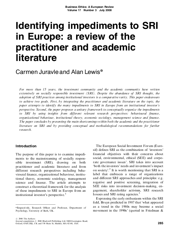 (PDF) Identifying impediments to SRI in Europe: a review of the ...