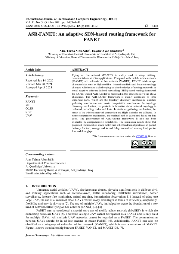 (PDF) ASR-FANET: An adaptive SDN-based routing framework for FANET