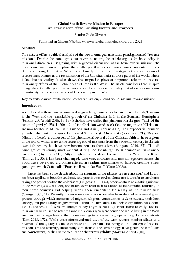 (PDF) Global South Reverse Mission in Europe: An Examination of the ...