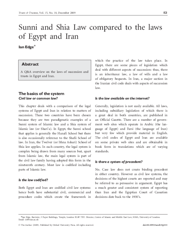 (PDF) Sunni and Shia Law compared to the laws of Egypt and Iran