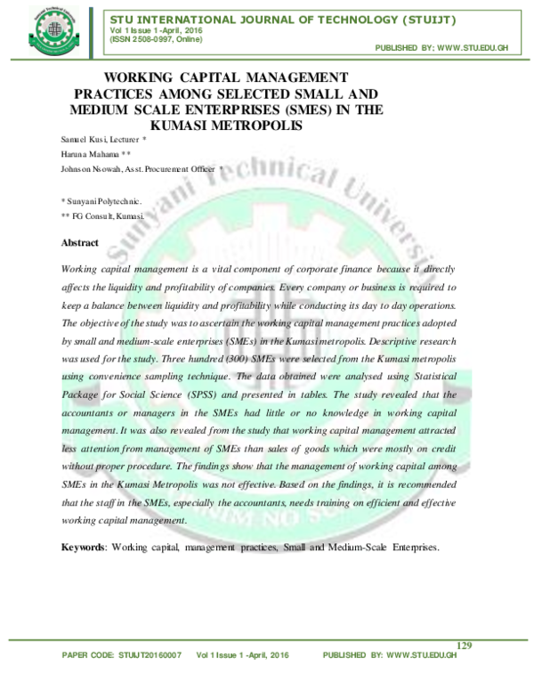 (PDF) WORKING CAPITAL MANAGEMENT PRACTICES AMONG SELECTED SMALL AND MEDIUM SCALE ENTERPRISES ...