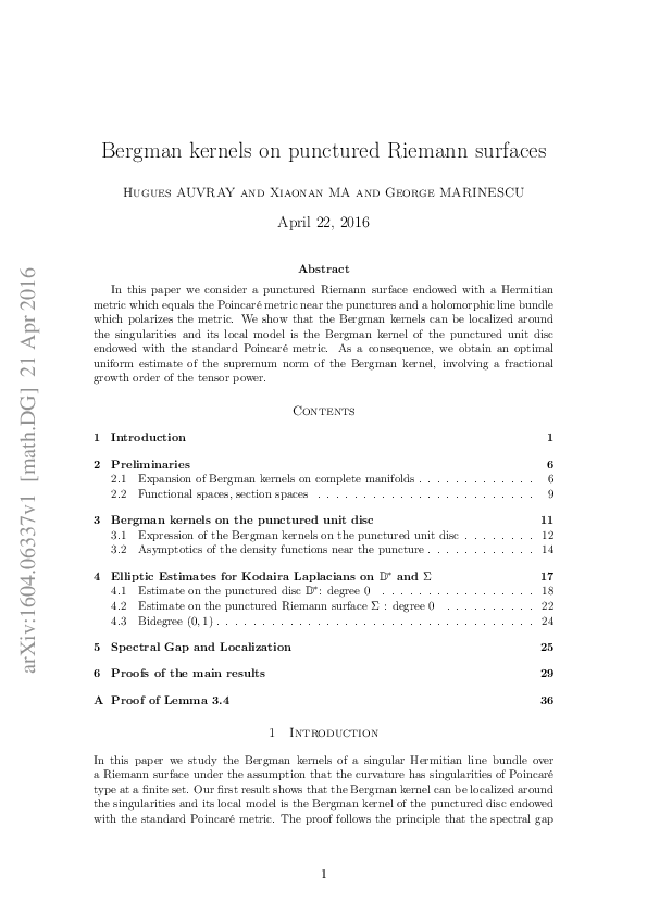 (PDF) Bergman kernels on punctured Riemann surfaces