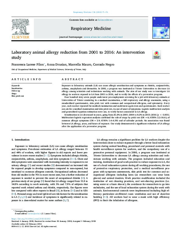 (PDF) Laboratory animal allergy reduction from 2001 to 2016: An ...