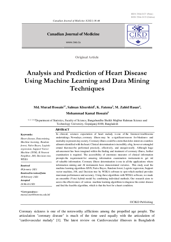 Pdf Analysis And Prediction Of Heart Disease Using Machine Learning And Data Mining Techniques