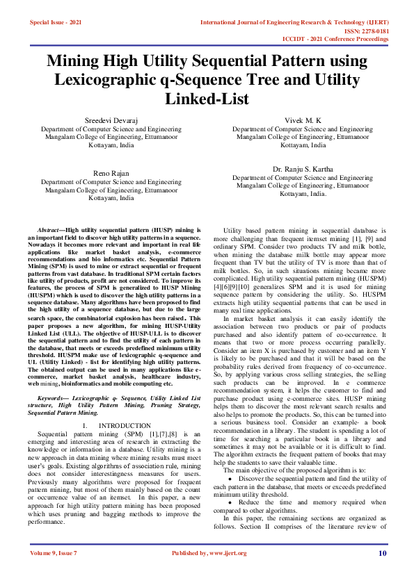 Pdf Ijert Mining High Utility Sequential Pattern Using Lexicographic Q Sequence Tree And