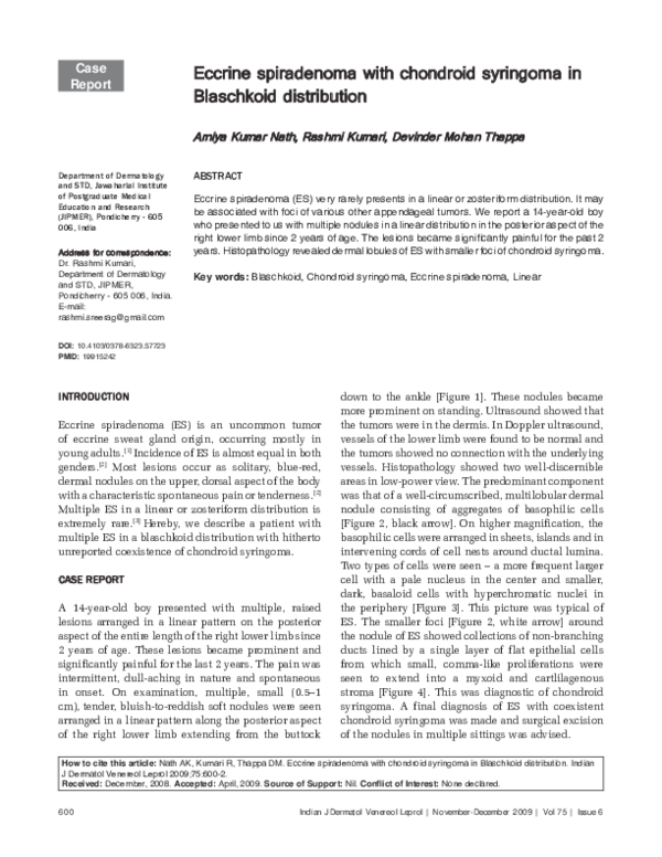 (PDF) Eccrine spiradenoma with chondroid syringoma in Blaschkoid ...