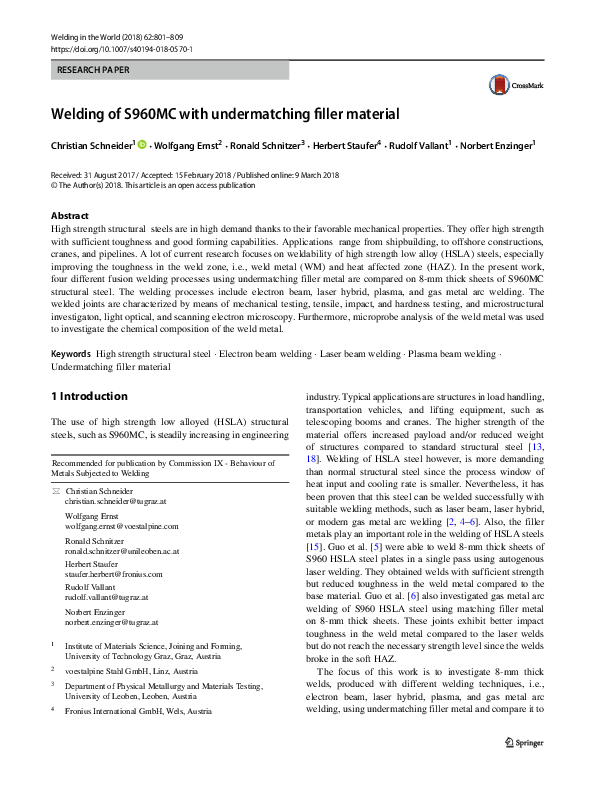 (PDF) Welding of S960MC with undermatching filler material