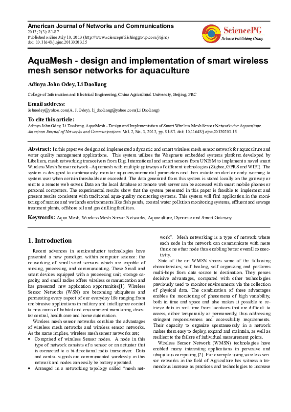 Pdf Aquamesh Design And Implementation Of Smart Wireless Mesh Sensor Networks For Aquaculture