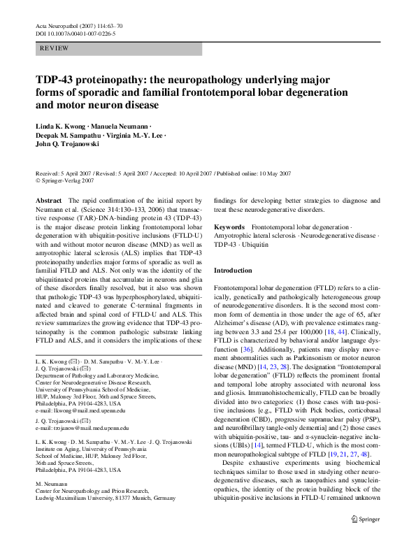 (PDF) TDP-43 proteinopathy: the neuropathology underlying major forms ...