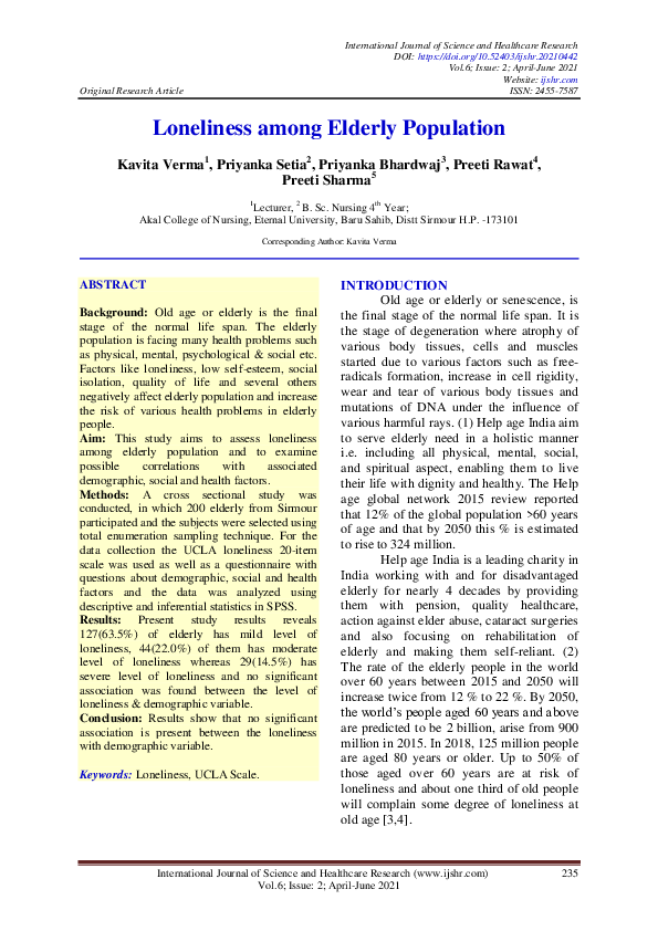 (PDF) Loneliness among Elderly Population