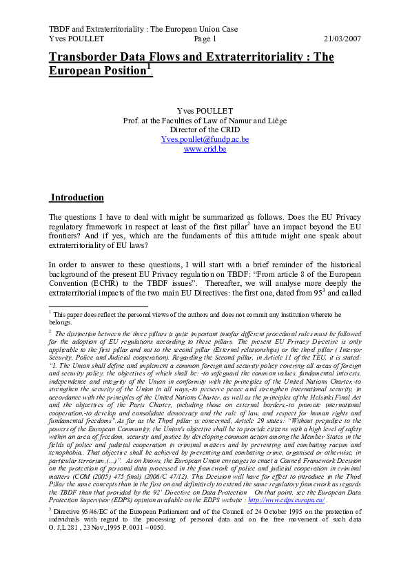 (PDF) Transborder Data Flows and Extraterritoriality: The European Position