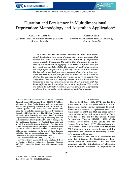 (PDF) Duration and Persistence in Multidimensional Deprivation: Methodology and Australian ...