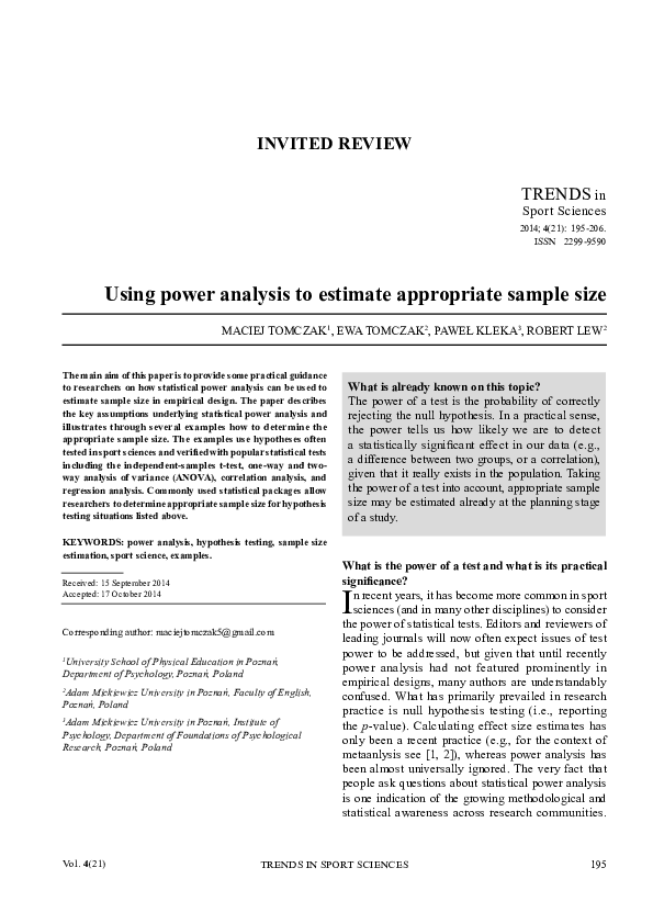 (PDF) Using power analysis to estimate appropriate sample size