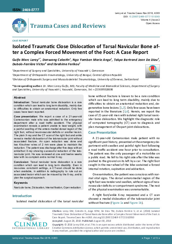 (PDF) Isolated Traumatic Close Dislocation of Tarsal Navicular Bone ...