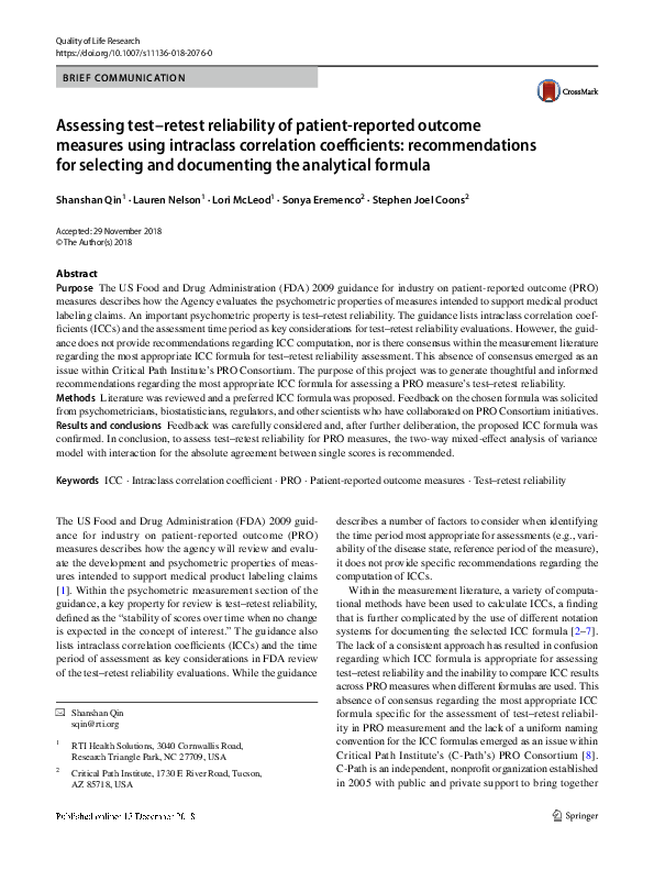 (PDF) Assessing test–retest reliability of patient-reported outcome ...