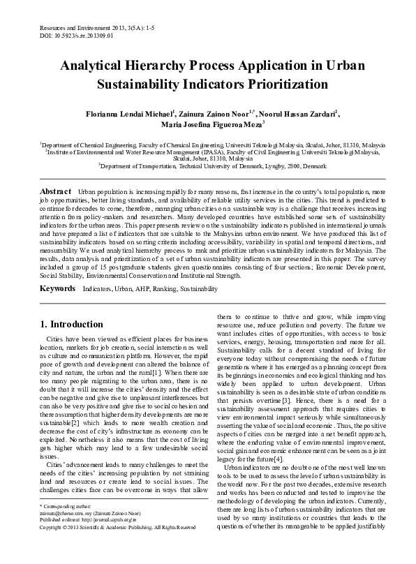 (PDF) Analytical Hierarchy Process Application in Urban Sustainability Indicators Prioritization