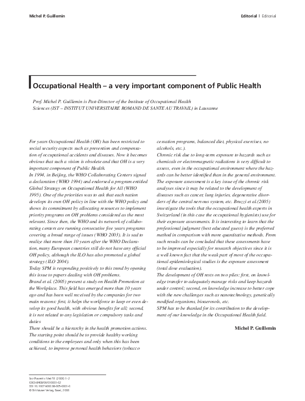 (PDF) Occupational Health – a very important component of Public Health