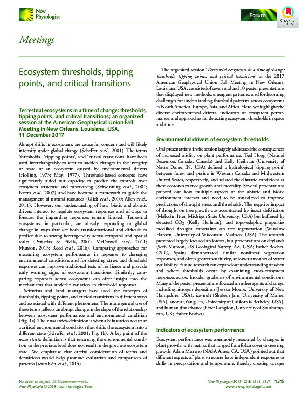 (PDF) Ecosystem thresholds, tipping points, and critical transitions