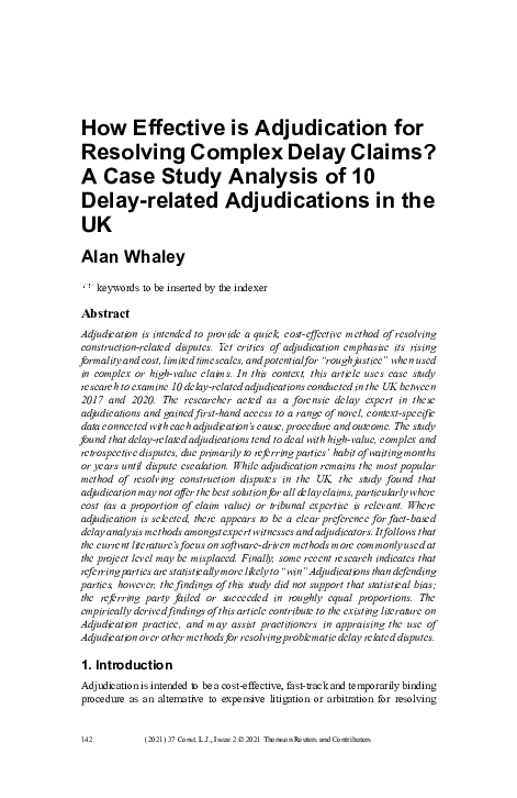 (PDF) How effective is Adjudication for resolving complex delay claims? A case study analysis of ...
