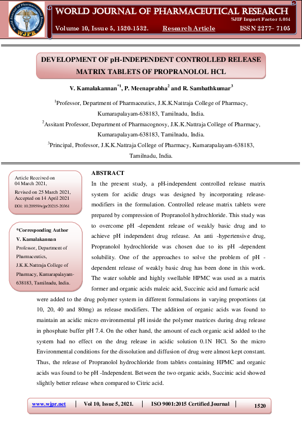 (PDF) DEVELOPMENT OF pH-INDEPENDENT CONTROLLED RELEASE MATRIX TABLETS ...