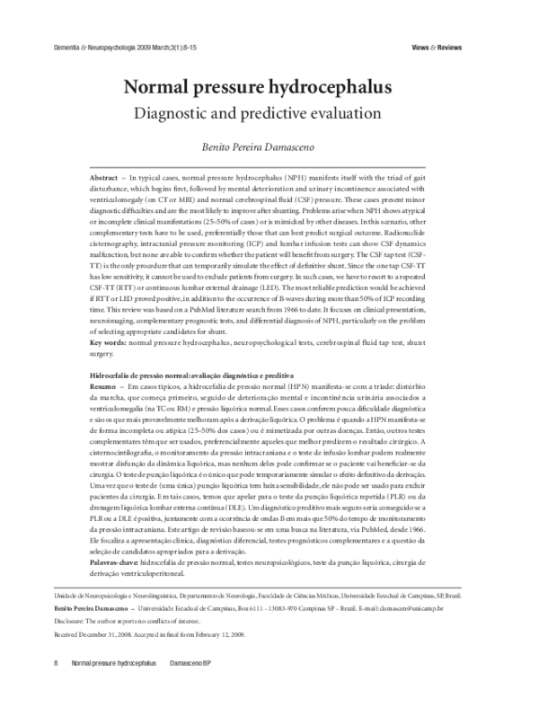 (PDF) Normal pressure hydrocephalus: Diagnostic and predictive evaluation | B. Damasceno ...