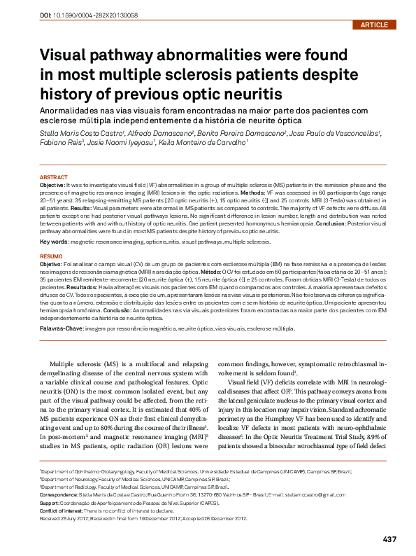 (PDF) Visual pathway abnormalities were found in most multiple sclerosis patients despite ...