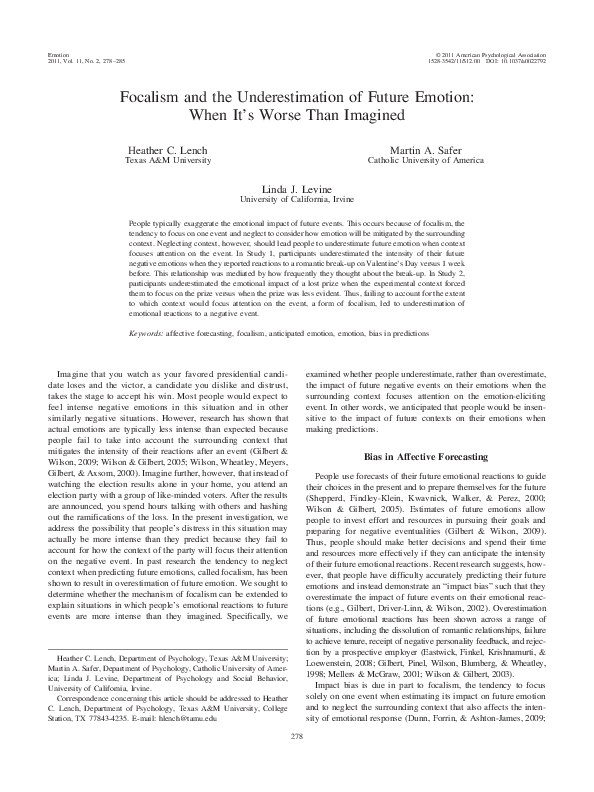 (PDF) Focalism and the underestimation of future emotion: When it's ...