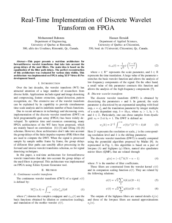 Pdf Real Time Implementation Of Discrete Wavelet Transform On Fpga