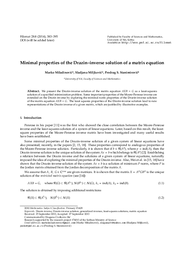 (PDF) Minimal properties of the Drazin-inverse solution of a matrix equation