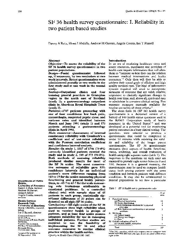 (PDF) SF 36 health survey questionnaire: I. Reliability in two patient ...