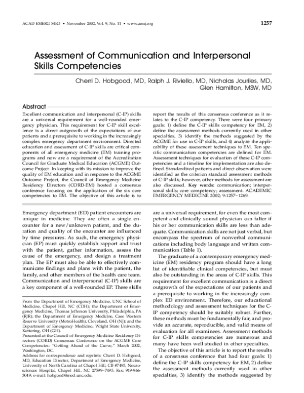 (PDF) Assessment of Communication and Interpersonal Skills Competencies