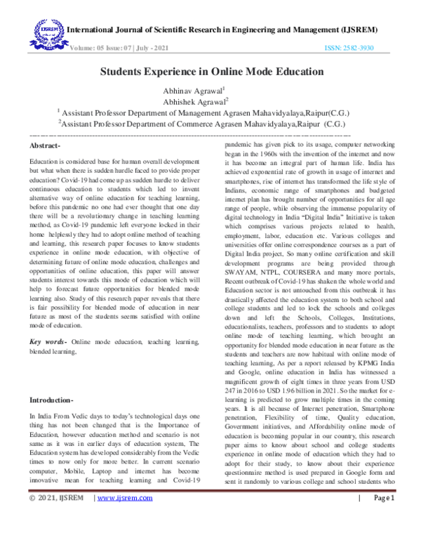 (PDF) Students Experience in Online Mode Education