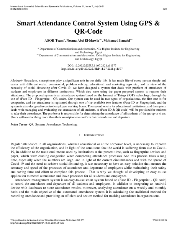 (PDF) Smart Attendance Control System Using GPS & QR-Code