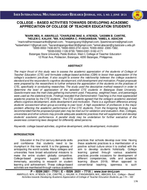 Pdf College Based Activities Towards Developing Academic Appreciation
