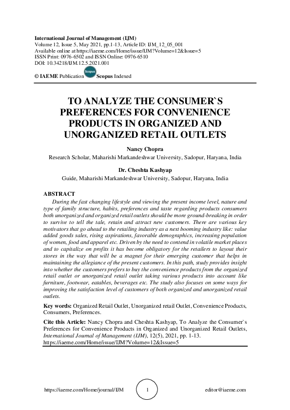 (PDF) TO ANALYZE THE CONSUMER`S PREFERENCES FOR CONVENIENCE PRODUCTS IN ...