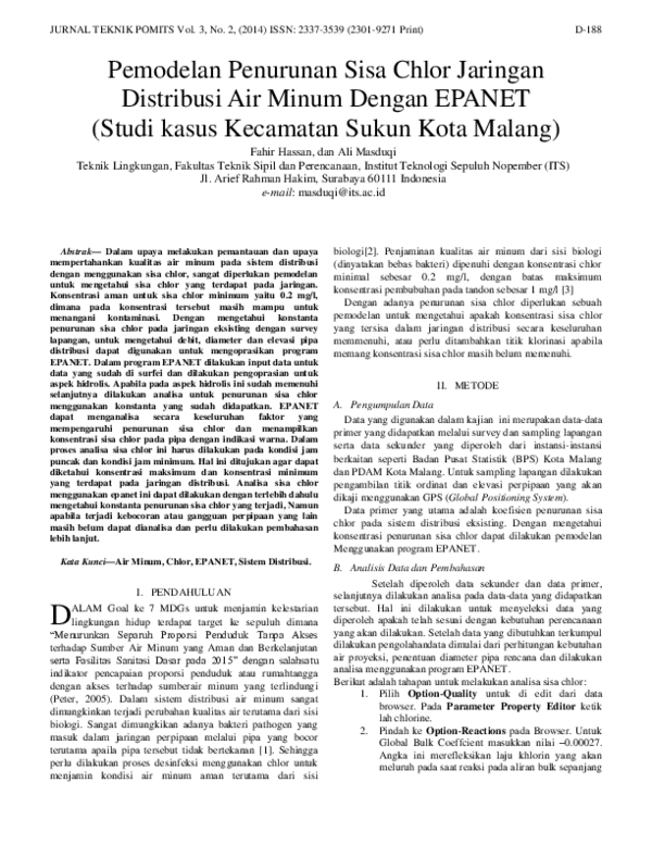 (PDF) Pemodelan Penurunan Sisa Chlor Jaringan Distribusi Air Minum Dengan EPANET (Studikasus ...