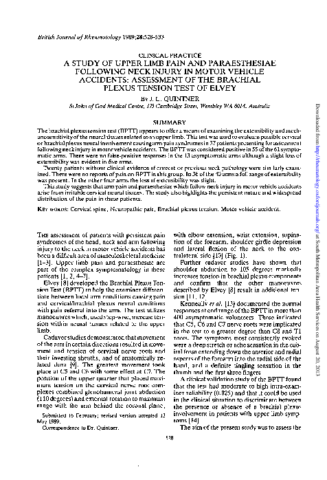 (PDF) A Study of Upper Limb Pain and Paraesthesiae Following Neck ...