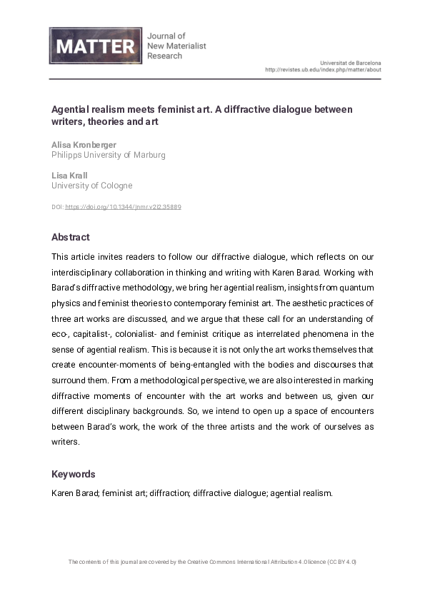 (PDF) Agential realism meets feminist art. A diffractive dialogue ...