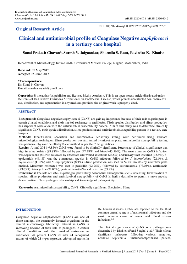 (PDF) Clinical and antimicrobial profile of Coagulase Negative ...