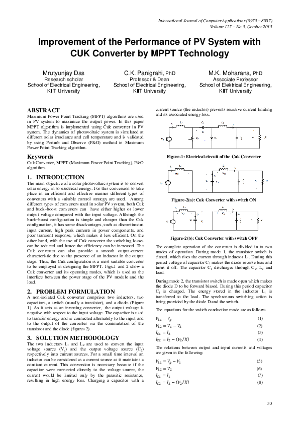 (PDF) Improvement of the Performance of PV System with CUK Converter by MPPT Technology