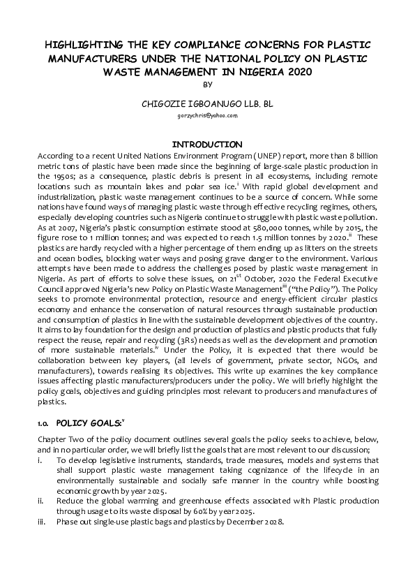 (PDF) HIGHLIGHTING THE KEY COMPLIANCE CONCERNS FOR PLASTIC ...