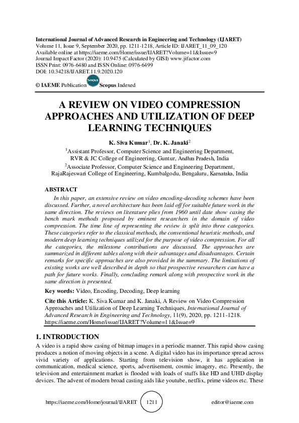 (PDF) A REVIEW ON VIDEO COMPRESSION APPROACHES AND UTILIZATION OF DEEP ...