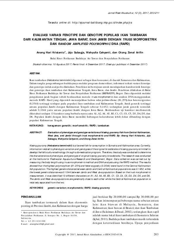 (PDF) Evaluasi Variasi Fenotipe Dan Genotipe Populasi Ikan Tambakan ...