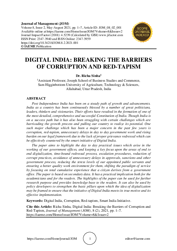 (PDF) DIGITAL INDIA: BREAKING THE BARRIERS OF CORRUPTION AND RED-TAPISM