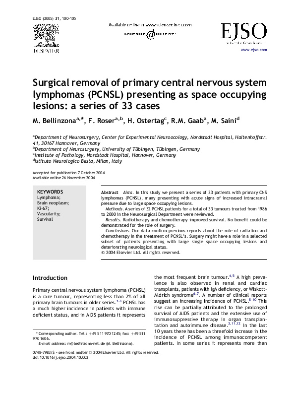 (PDF) Surgical removal of primary central nervous system lymphomas (PCNSL) presenting as space ...
