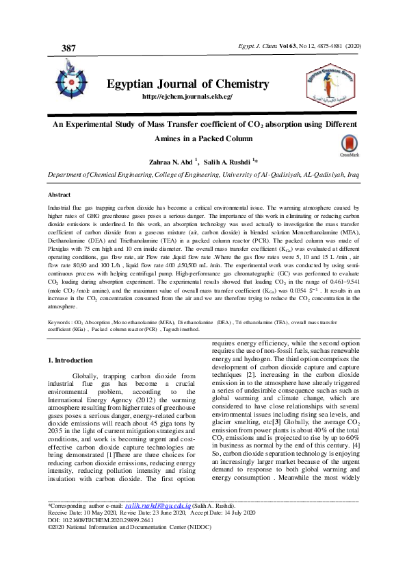 (PDF) An Experimental Study of Mass Transfer coefficient of CO2 ...