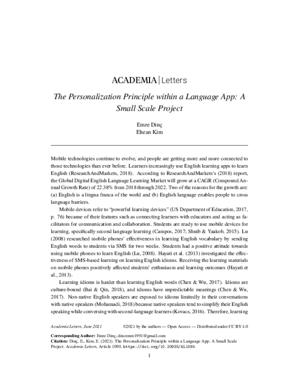 (PDF) The Personalization Principle within a Language App: A Small ...