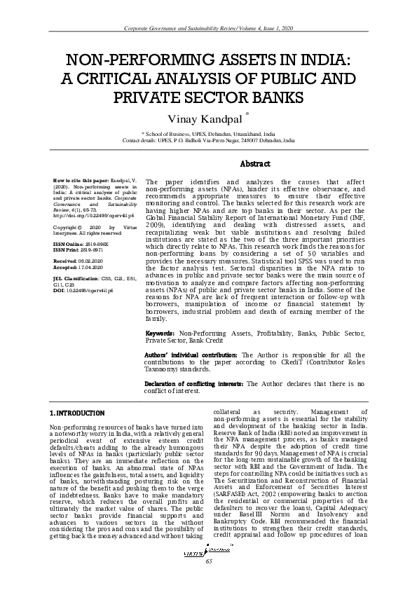 (PDF) Non-performing assets in India: A critical analysis of public and ...