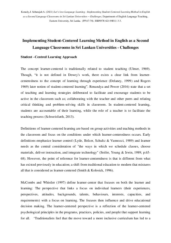 (PDF) Implementing Student-Centered Learning Method in English as a Second Language Classrooms ...
